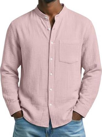 Generic Chemises en lin pour homme col grand-p&egrave;re manches longues col &agrave; bandes chemises en lin avec poche poitrine d&eacute;contract&eacute;e unie intelligente chemise de p