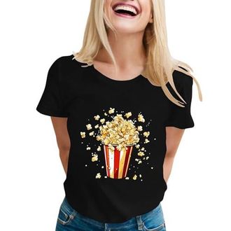 Generic T-shirt fantaisie pour femme - Col rond - Manches courtes - Imprim&eacute; popcorn amusant, Noir, XXL