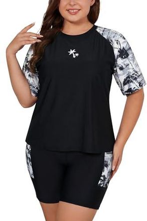 SHEKINI Maillot de bain 2 pi&egrave;ces Rashguard pour femme avec soutien-gorge int&eacute;gr&eacute;, maillot de bain &agrave; manches courtes et short boyshort avec poches, Noir + coco