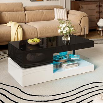 Merax Moderner Couchtisch 90x45x35,5 cm, mit LED, Glasablage, Hochglanz-Oberfl&auml;che, f&uuml;r Wohnzimmer, Schwarz und Wei&szlig;