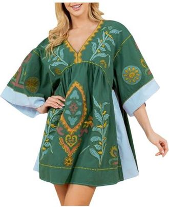 Generic Robe boh&egrave;me brod&eacute;e avec col et manches 3/4 pour femme, coupe ample, vert fonc&eacute;, XXL