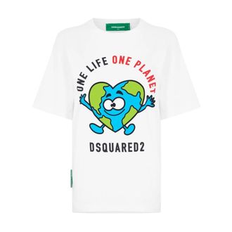 Dsquared2 Earth Logo T-Shirt Kurzarm aus Baumwolle - - Tops - Damen - Wei&szlig; - S