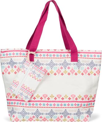 styleBREAKER Gro&szlig;e Strandtasche mit buntem Azteken Boho Muster | Damen Schultertasche mit Rei&szlig;verschluss & Extra-T&auml;schchen | 57,5 x 40 x 15 cm, Farbe:Himbeer-Creme