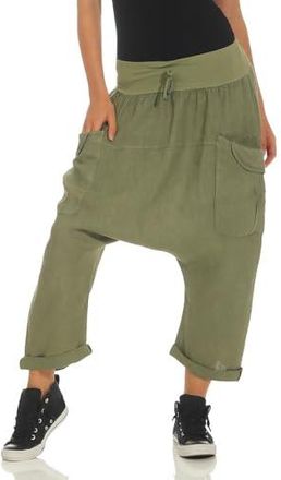 Malito more than fashion Malito Pantalons bouffants en Tissu de Lin pour Les Femmes dans Les Couleurs Unies Pantalons de Loisirs pour la Plage Pantalons Capri 6285 (Olive)