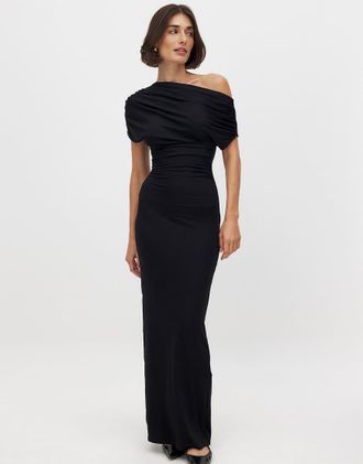 NA-KD Robe longue drap&eacute;e en tissu doux - Noir