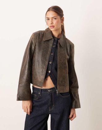 Jack & Jones Lederjacke in verwaschenem Braun-Brown
