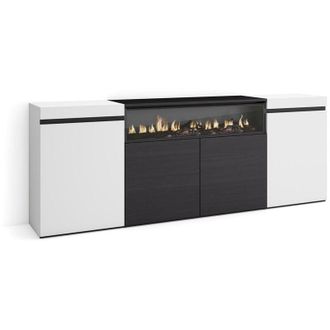 Skraut Home Skraut Home - Buffet salon et cuisine, Meuble de Rangement, Commode, 200x75x35cm, 4 Portes, Chemin&eacute;e &eacute;lectrique, Style moderne, Blanc et noir