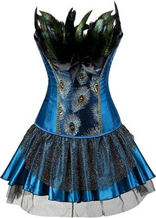 Grebrafan Jutrisujo Jupe Corset Dentelle Paon Plume Bustier s&ucirc;rre Taille Lingerie Femme Floral Broderie a Lacets Sexy Burlesque Bleu 5XL