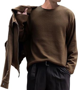 Onsoyours Pull Col Rond Homme Pull Homme Hiver en Tricote Manches Longues Casual Basique Slim Fit Pull Chaud en Tricot A Kakifonc&eacute; XXL