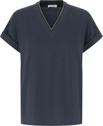 Brunello Cucinelli T-shirt en coton stretch - Femme - Tops - Bleu - Taille: 38 FR