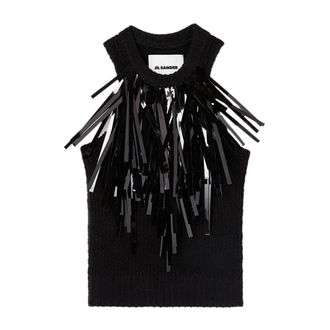 Jil Sander Baumwoll-Top mit Paillettenfransen - - Tops - Damen - Schwarzk - XS