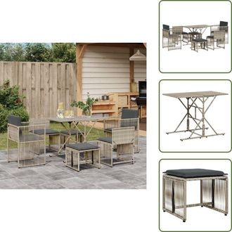 vidaXL 7-tlg. Garten-Essgruppe mit Kissen Hellgrau Poly Rattan - Gartengruppe - Esstisch - Gartenm&ouml;bel - Outdoorm&ouml;bel - PE-Rattan