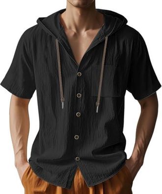 Generic Chemise en lin pour homme, grande et haute, chemise boutonn&eacute;e &agrave; capuche, couleur unie, chemise d&eacute;t&eacute; &eacute;l&eacute;gante, douce et confortable, haut d&eacute;contract&eacute;, 