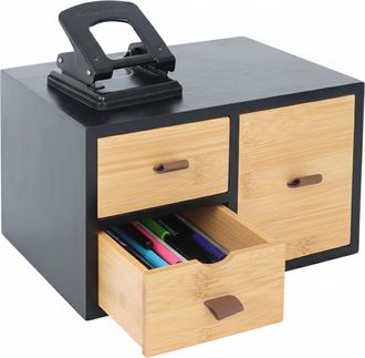 Relaxdays Schubladenbox Bambus & MDF, 3 Schubladen, Schlaufen, HBT: 15x25x20 cm, Schreibtisch Organizer, schwarz/Natur