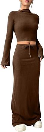 Generic Ensemble de survêtement 2 pièces pour femme - Confortable à manches longues - Haut ajusté et jupe longue - Tendance - Vacances - Voyage - Tenue élégan