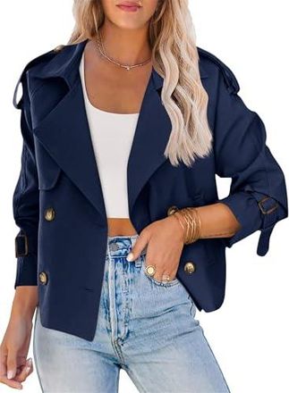 Generic Trench court &agrave; double boutonnage pour femme - Manches longues - Revers crant&eacute; - Avec poches - V&ecirc;tements dext&eacute;rieur d&eacute;contract&eacute;s et tendance, bleu mari