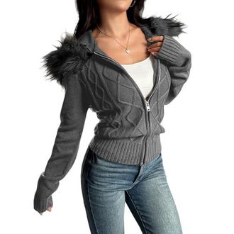 Generic Veste &agrave; capuche en tricot torsad&eacute; pour femme avec bordure en fourrure, fermeture &eacute;clair int&eacute;grale sur le devant, veste courte pour tenue d&eacute;contract&eacute;e,