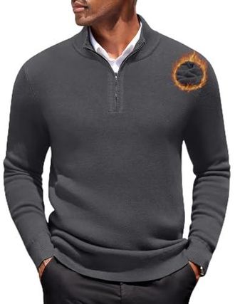 Coofandy Pull &agrave; Col Montagne et Fermeture &Eacute;clair Quart de Longueur pour Homme Pull Tricot&eacute; Doubl&eacute; Pullover dhiver Pulls Chauds pour Le Travail Gris Fonc&eacute; XXL