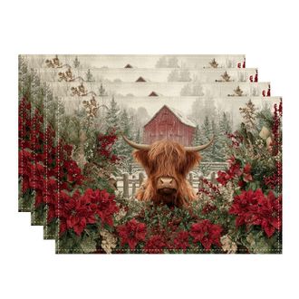 Generic Weihnachtsstern-Platzsets, rustikale botanische Platzsets für Esstisch, Winterurlaub, rutschfest, waschbar, für drinnen und draußen, dekoratives Tisch