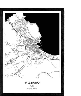 Nacnic Poster mit Karte von Palermo - Italien. Blätter von Städte in Italien mit Meeren und Flüssen in schwarz und weiß. A3