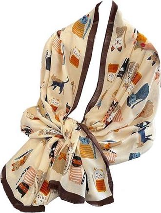 GFM Écharpe imprimée chats pour femme - Printemps, été, toutes saisons - Fête des mères, anniversaire, Noël (CTSCF-B), CT-30-TR-Beige, L