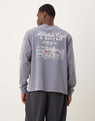 Abercrombie & Fitch T-shirt à manches longues avec imprimé café - Bleu délavé