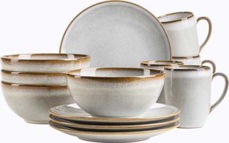 M&auml;ser M&auml;ser Serie Smokys Geschirr-Set f&uuml;r 4 Personen, 12 teiliges Fr&uuml;hst&uuml;ckset im Scandi Look, Steinzeug, wei&szlig;