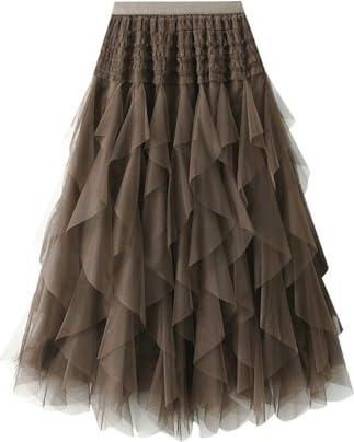 Generic Jupes ajust&eacute;es unies, moelleuses et irr&eacute;guli&egrave;res &agrave; volants - Jupe de g&acirc;teau - Noir - 164, caf&eacute;, taille unique