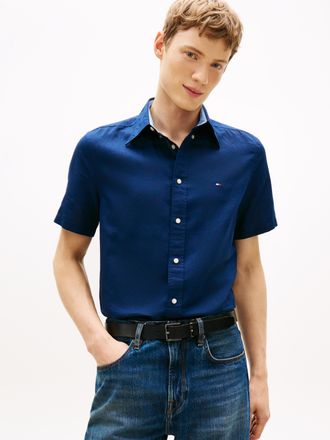 Tommy Hilfiger Kurzarmhemd TOMMY HILFIGER LINEN BLEND SOLID, Herren, Gr. XXL, N-Gr, carbon navy, Web, Obermaterial: 52% Baumwolle, 48% Leinen, regular fit normal, He