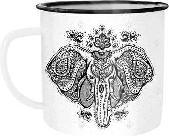 Autiga Emaille Tasse Becher Elefant Zentangle Mandala Kaffee-Tasse Campingtasse wei&szlig;-schwarz unisize