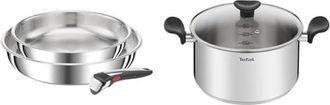 T-fal Ingenio Preference On Lot de 2 Po&ecirc;les 24/28 cm + poign&eacute;e amovible, Induction, Acier inoxydable & Faitout 24 cm (5 L) + couvercle verre, Induction, Aci