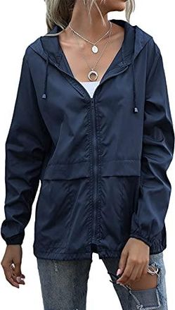 ORANDESIGNE Veste de Pluie Imperméable pour Femmes Léger Veste De Pluie Courte Coupe Vent Extérieure Manteaux à Capuche Vacance Coupe-Vent Zippé Bleu foncé S