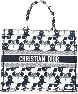 Dior Navy And White Large Canvas Embroidered Lucky Star Book Tote