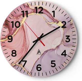 Arttor Modern Wanduhr Abstraktion Marmor Rosa 40x40cm Rund Gro&szlig; Wand Uhr Glas Analog Zimmeruhren K&uuml;che B&uuml;ro Wohnzimmer Glasuhr Wall Clock Dekoration Design W