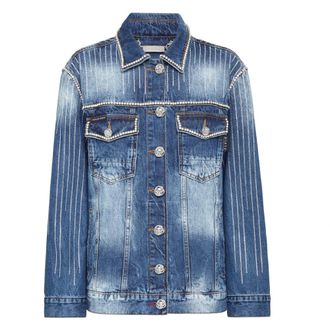 Philipp Plein Femme, Vestes, Bleu, Taille: 36 FR Veste en jean &agrave; franges de cristal