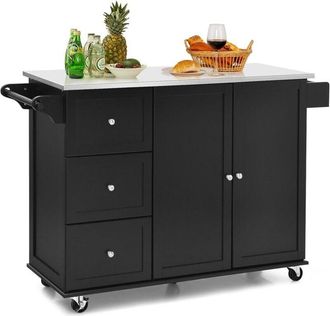 Costway Desserte de Cuisine sur roulettes, &Icirc;lot Central Cuisine Plateau en Acier Inoxydable, avec 3 Tiroirs, Armoire &agrave; 2 Portes, Etag&egrave;res R&eacute;glables