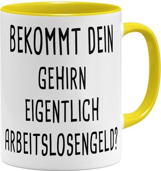 OM3 lustige Tasse mit Spruch - Bekommt Dein Gehirn eigentlich Arbeitslosengeld? - Statement - Spruchtasse | Keramik Becher | 11oz 325ml | Beidseitig Bedru