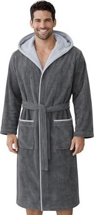 Morgenstern Robe de Chambre &Eacute;ponge Lux Coton avec Capuche pour Homme Taille S Gris/Beige 2 Poches et Ceinture Doux, Absorbant et Confort,S,Gris / Beige