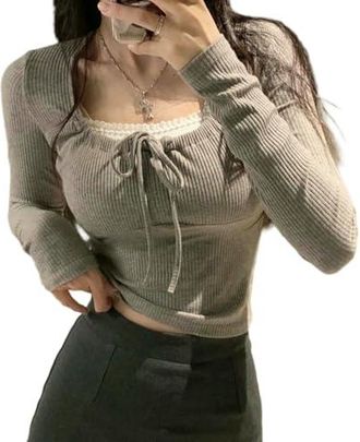 Generic QXDZSW Automne Femmes Chic Bowknots Tops Lady Col Carr&eacute; Slim Fit T-Shirts Femme Doux Rose Abricot Manches Longues V&ecirc;tements, gris, XL