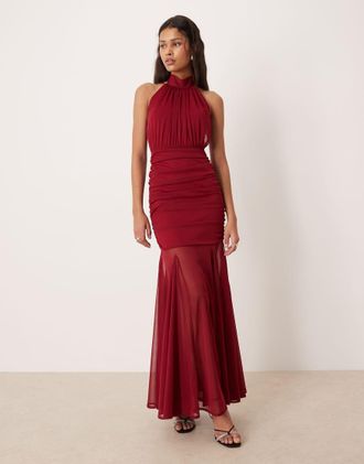 Tfnc Neckholder-Maxikleid in Weinrot mit transparentem Rock-Lila