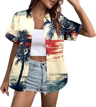 Generic Chemise hawa&iuml;enne &agrave; manches courtes pour femme - Motif de palmier hawa&iuml;en - Style vintage tropical d&eacute;contract&eacute; - Tendance - Mexique - Croisi&egrave;re, golf,