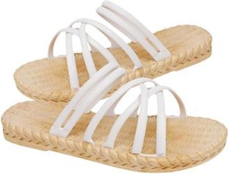 FOMIYES Sandales à Bride Tressée en Paille pour Femme Pointure 38 Couleur Blanche Semelle Plate Antidérapante Chaussures dÉté Légères pour Plage et Tenue Déco