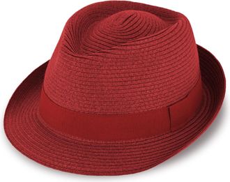 Fiebig Jackson Trilby Papierhut mit farbigem Ripsband | Sonnenhut aus 100% Papier | Natur Sommerhut (61-XL, Rot)