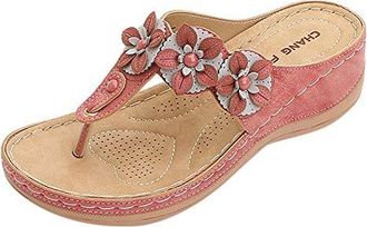 Generic Tongs pour femme - Sandales compens&eacute;es tendance en daim de couleur unie - Sandales d&eacute;cor&eacute;es de fleurs - Sandales boh&egrave;me &agrave; enfiler - Chaussures d&eacute;contr