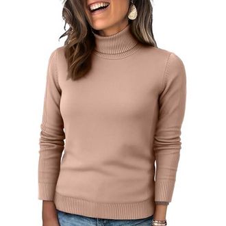 Generic Pull Femme Hiver Chaud col Montant Mode Ample Sweatshirts Couleur Unie Pull Femme Chic et El&eacute;gant D&eacute;contract&eacute; Manche Longue Jumper Tops Brun Clair