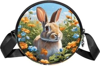 Generic Petit sac &agrave; bandouli&egrave;re circulaire pour femme, motif floral, lapin, sac &agrave; dos &agrave; bandouli&egrave;re avec fermeture &eacute;clair, bretelles r&eacute;glables, sac &agrave; main ron