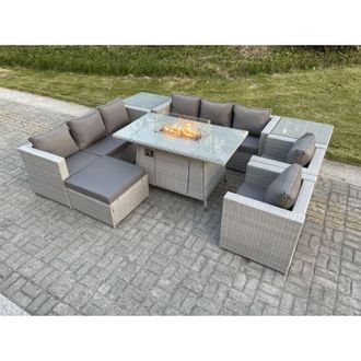 Fimous Polyrattan Gartenmöbel Set im Freien Gas Feuertisch Sofa Sets mit 2 Sessel 2 Beistelltisch Hocker Gas Feuerstelle Helles Grau - Fimous