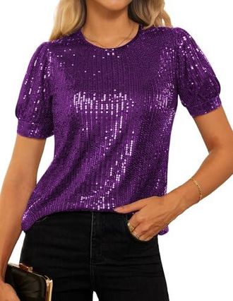 Grace Karin Haut de soir&eacute;e &agrave; Paillettes pour Femme Haut de Cocktail &agrave; Manches Courtes Chemise &agrave; Paillettes col Rond Manches Courtes Violet fonc&eacute; Taille XL