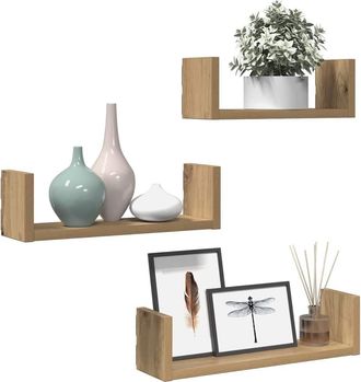 Generic 3X Wandregal U-f&ouml;rmig, H&auml;ngeregal, Lounge B&uuml;cherregal, Wandboard Dekoregal, Schweberegal, CD/DVD Regal, Wand Deko, Holzwerkstoff(Sonoma-Eiche 60x15x10
