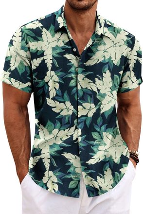 Coofandy Herren Sommerhemd Kurzarm Leinen Blumen Hemd Floral Hawaiihemd Button Down Hawaii Shirt Grun Flower XXL